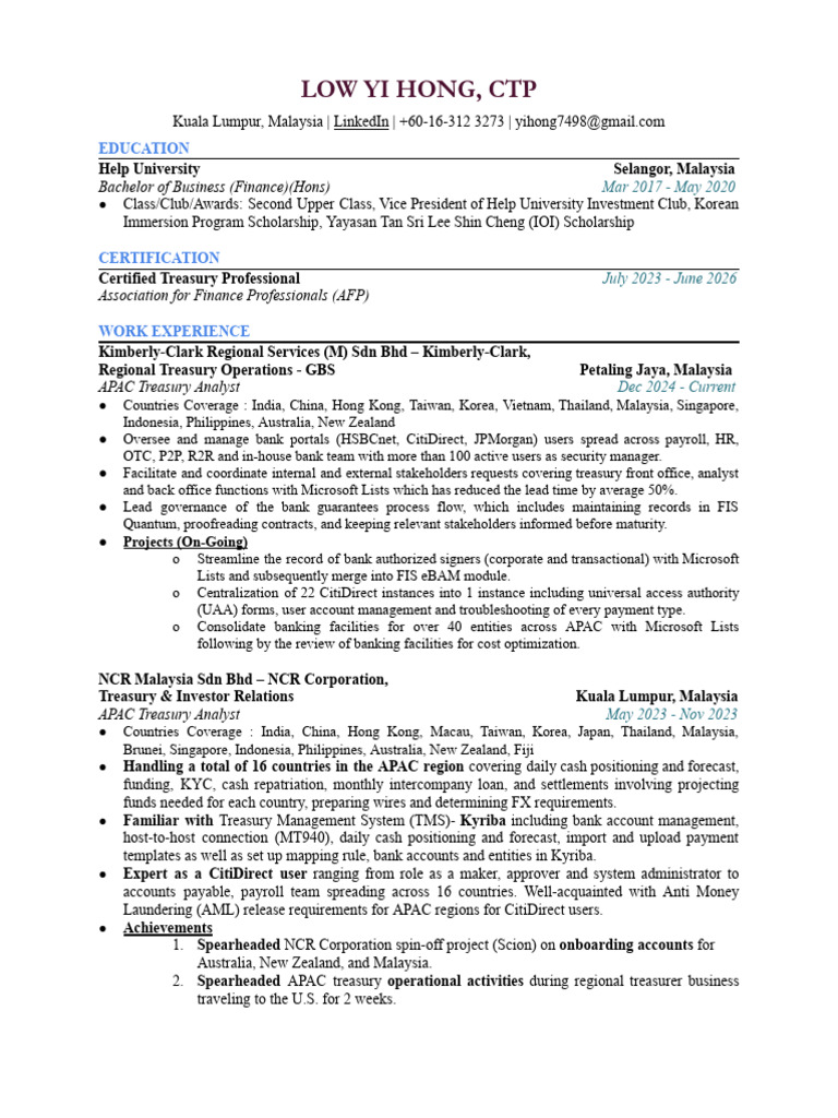 Resume - Low Yi Hong | PDF | Hedge (Finance) | Business