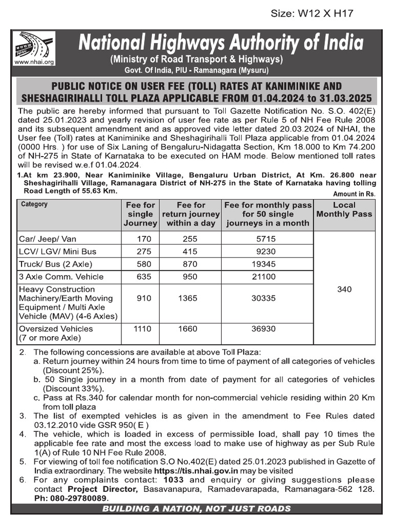 NHAI - Kaniminike - Sheshagirihalli - Toll Plaza - English - REVISED | PDF