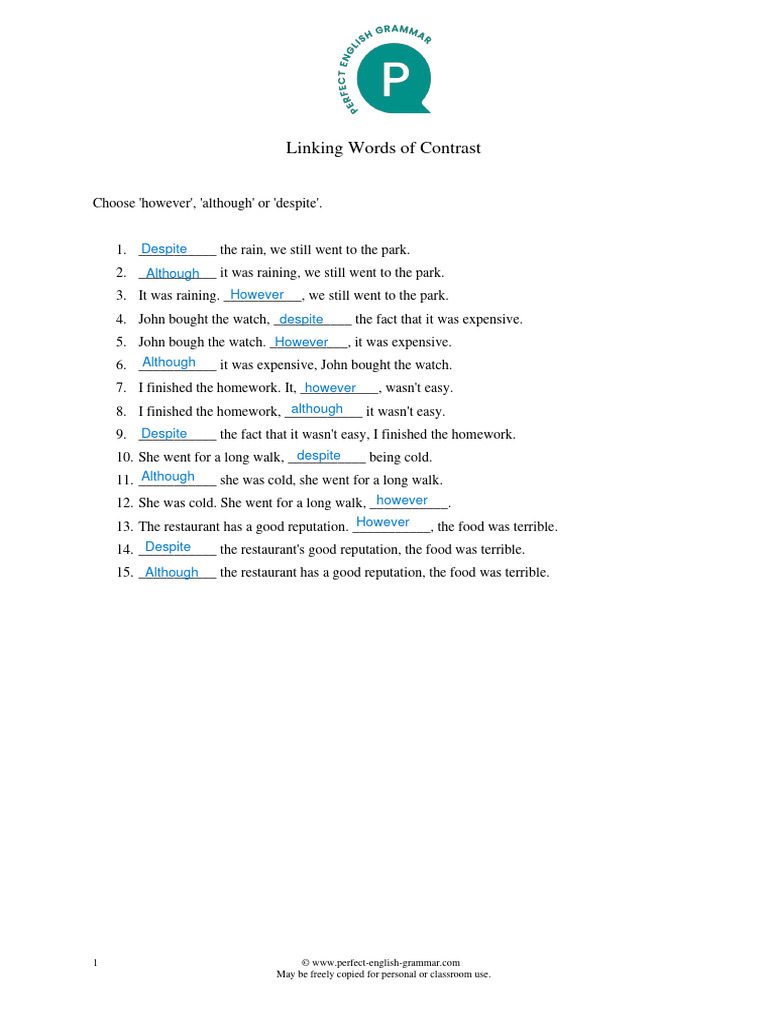 Linking Words Exercise 1 | PDF