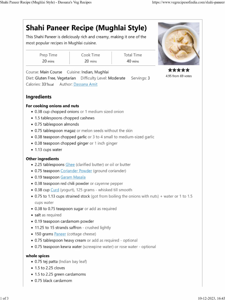 Shahi Panner | PDF | Yogurt | Fat