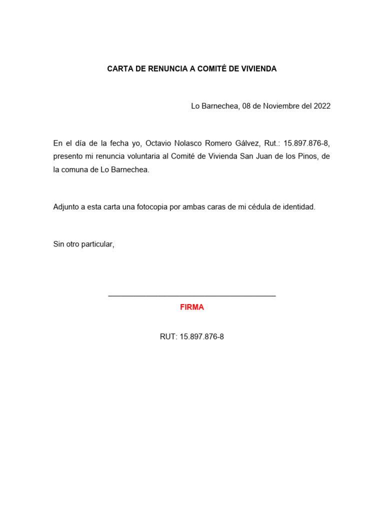 CARTA DE RENUNCIA A COMITÉ DE VIVIENDA | PDF