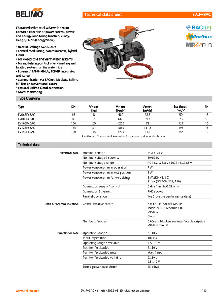 Belimo EV065F+BAC Energy Valve Data Sheet | PDF | Valve | Flow Measurement