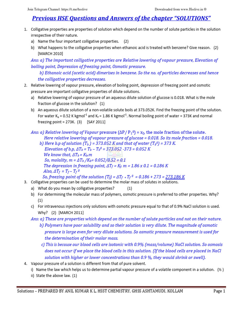 Hsslive-2. Solutions Previous HSE Qns. and Answers | PDF | Physical ...
