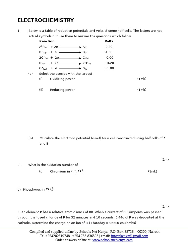 Electrochemistry Questions | PDF | Electrochemistry | Redox