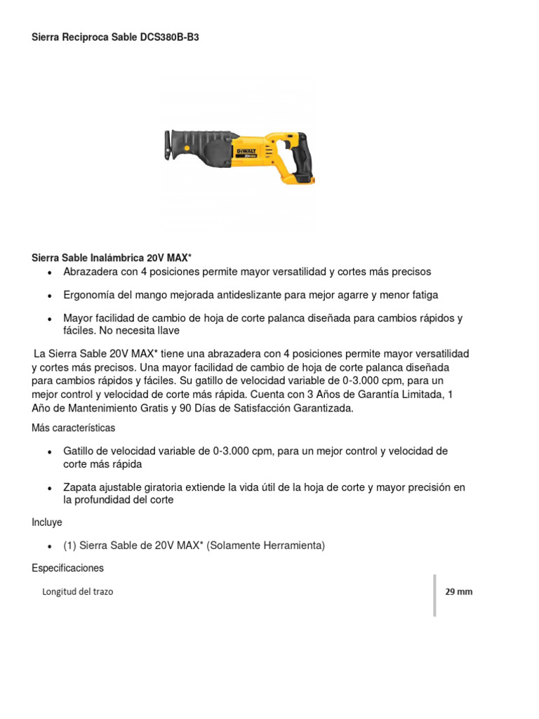 Ficha Tecnica Sierra Sable DCS380B-B3 | PDF