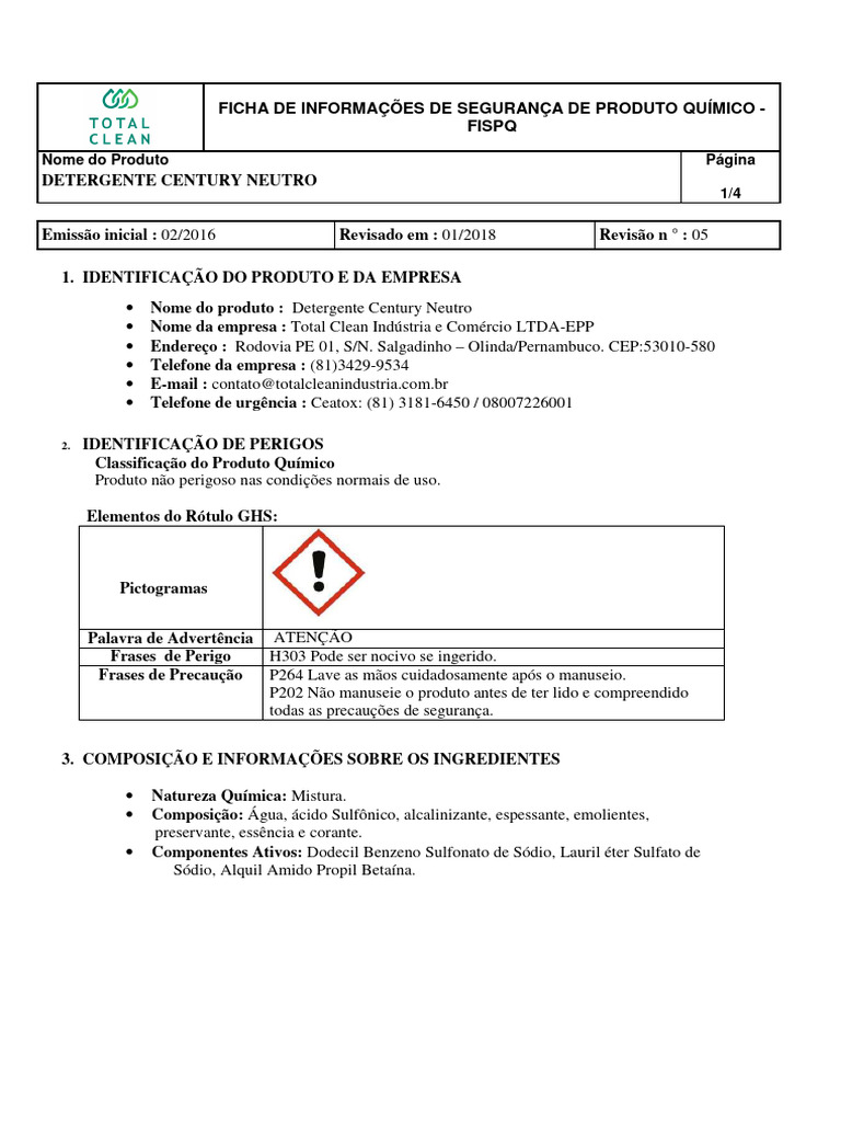 FISPQ Detergente Century Neutro | PDF | Compostos químicos | Química
