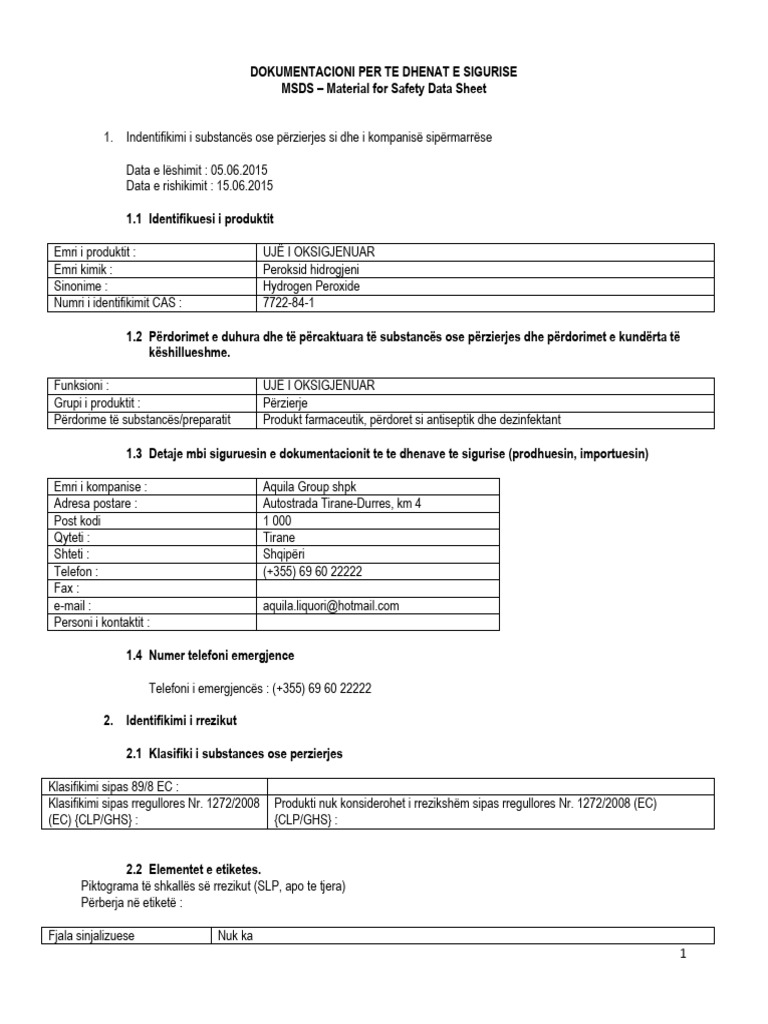 MSDS Peroksid Hidrogjeni | PDF