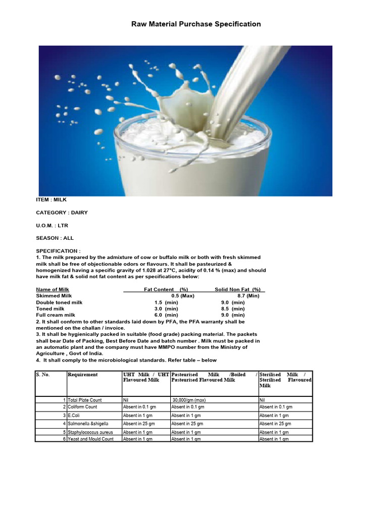 Dairy Raw Material Purchase Specs | PDF | Milk | Cream