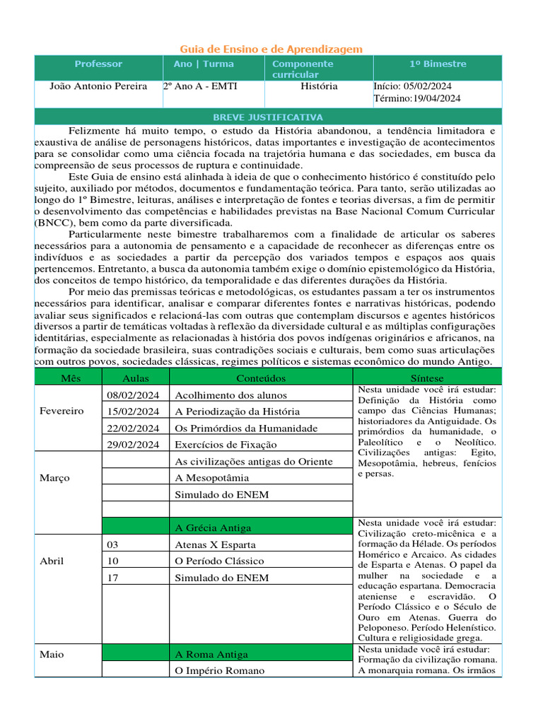 Guia de Aprendizagem - 1 Ano Do ETI Maria de Lourdes 2024 | PDF | Grécia Antiga | História Antiga