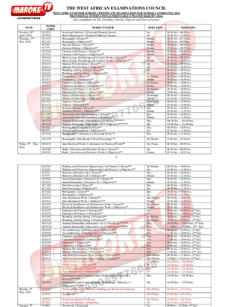 2024 MAY-JUNE WAEC TIME TABLE by MAROKE TV | PDF