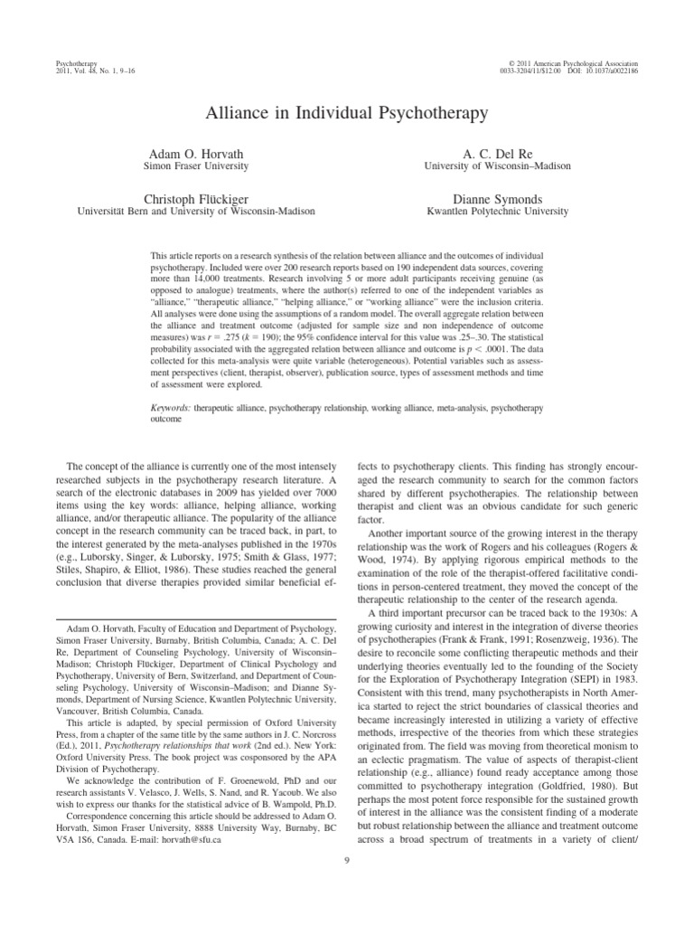 Horvath Et Al (2011) Alliance I 20736 | PDF | Psychotherapy | Meta Analysis