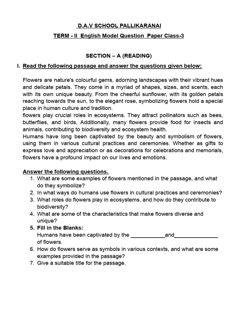 CL - 3 Term 2 English Model Question Paper Worksheet | PDF | Flowers ...