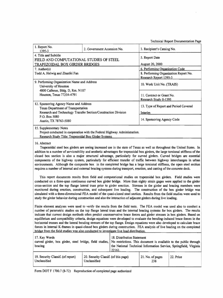 Field and Computational Studies of Steel Trapezoidal Box Girder Bridges ...