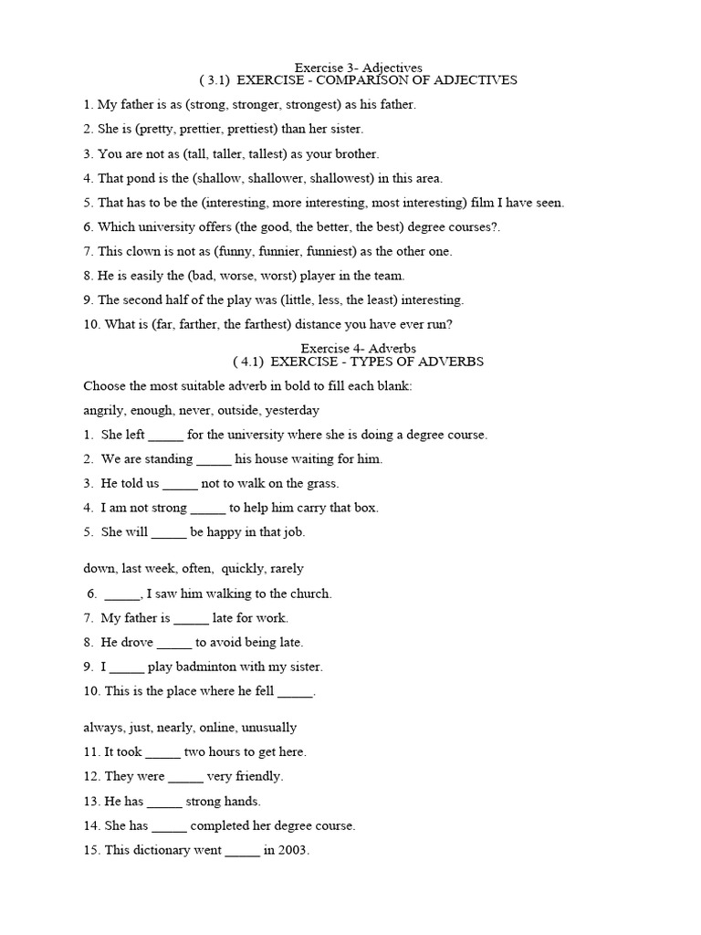 Adjective and Adverb Exercises | PDF | Home & Garden