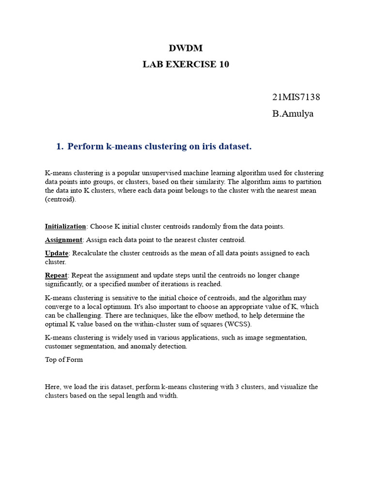 Perform K-Means Clustering On Iris Dataset.: DWDM Lab Exercise 10 | PDF | Teaching Methods ...