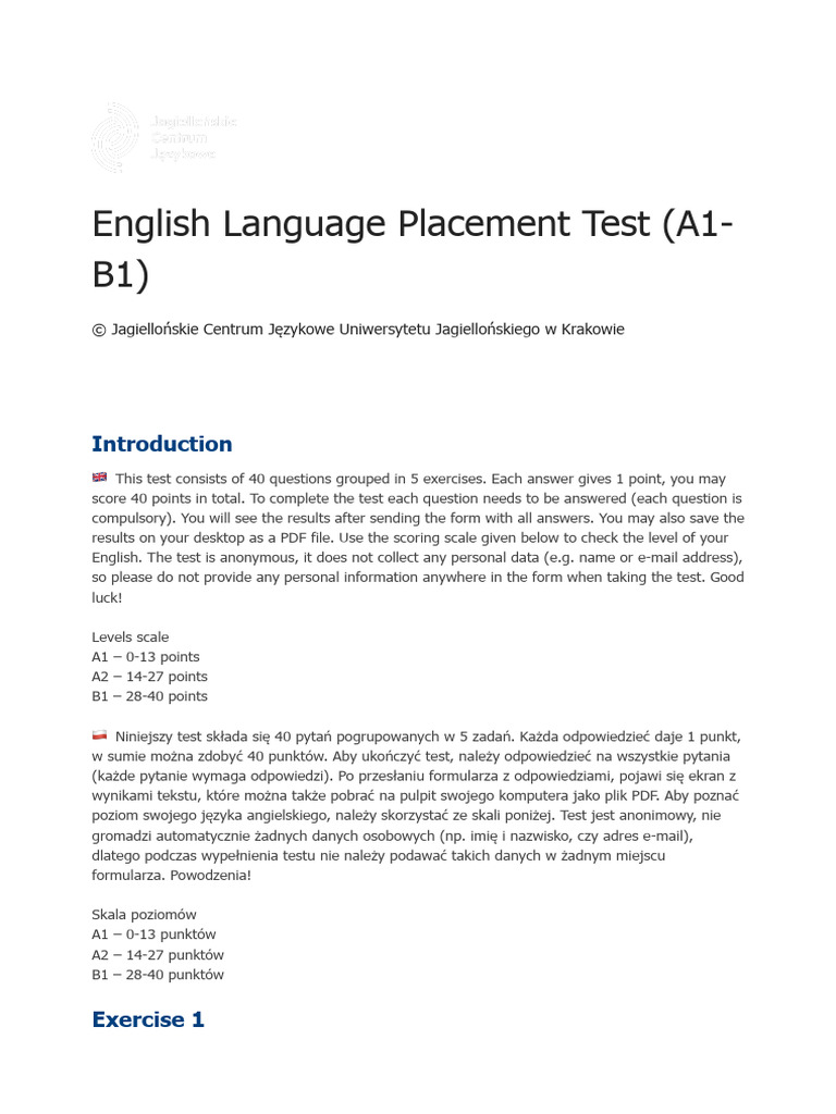 English Language Placement Test (A1-B1) | PDF