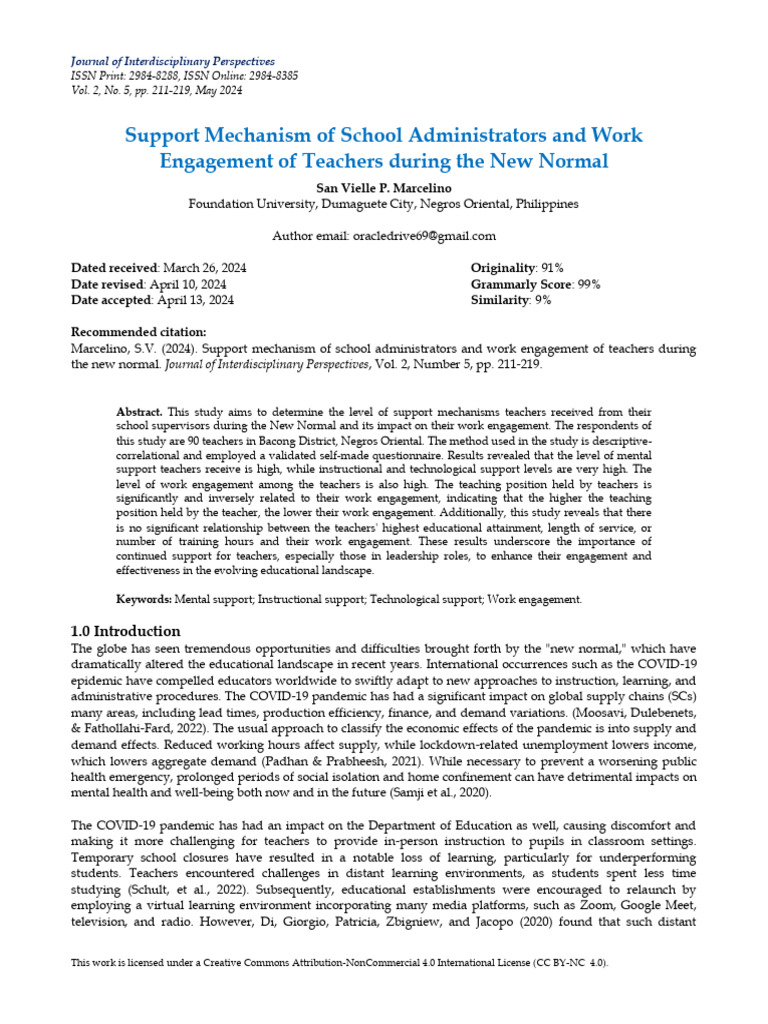 Support Mechanism of School Administrators and Work Engagement of ...