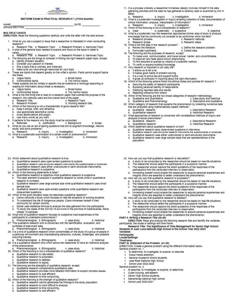 Midterm Exam In PR 1 3rd Q Set C PDF Quantitative Research