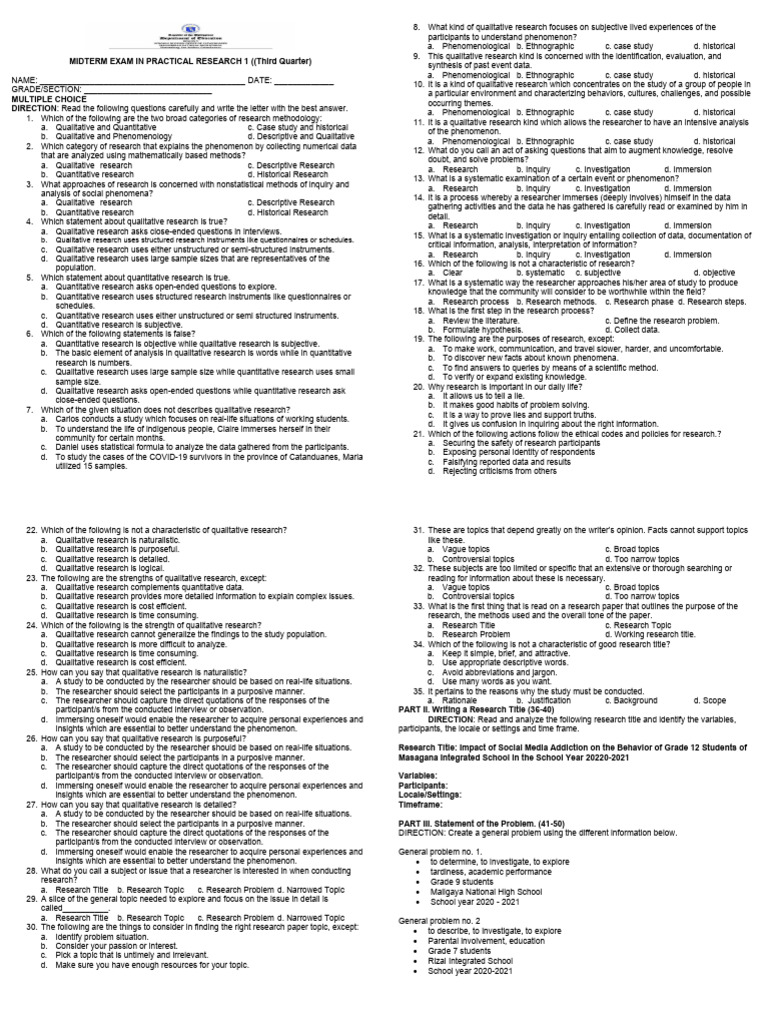 Midterm Exam in PR 1 (3rd Q) Set B | PDF | Qualitative Research | Quantitative Research