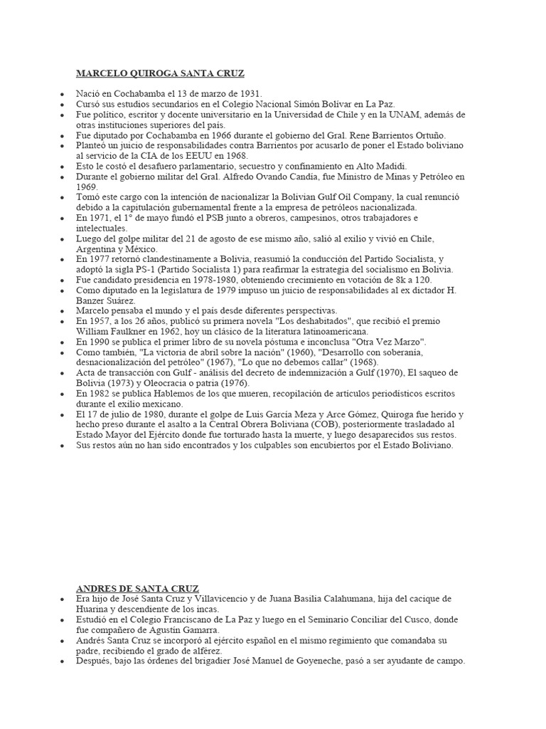 Vida y legado de Marcelo Quiroga y Andrés Santa Cruz | PDF | Historia