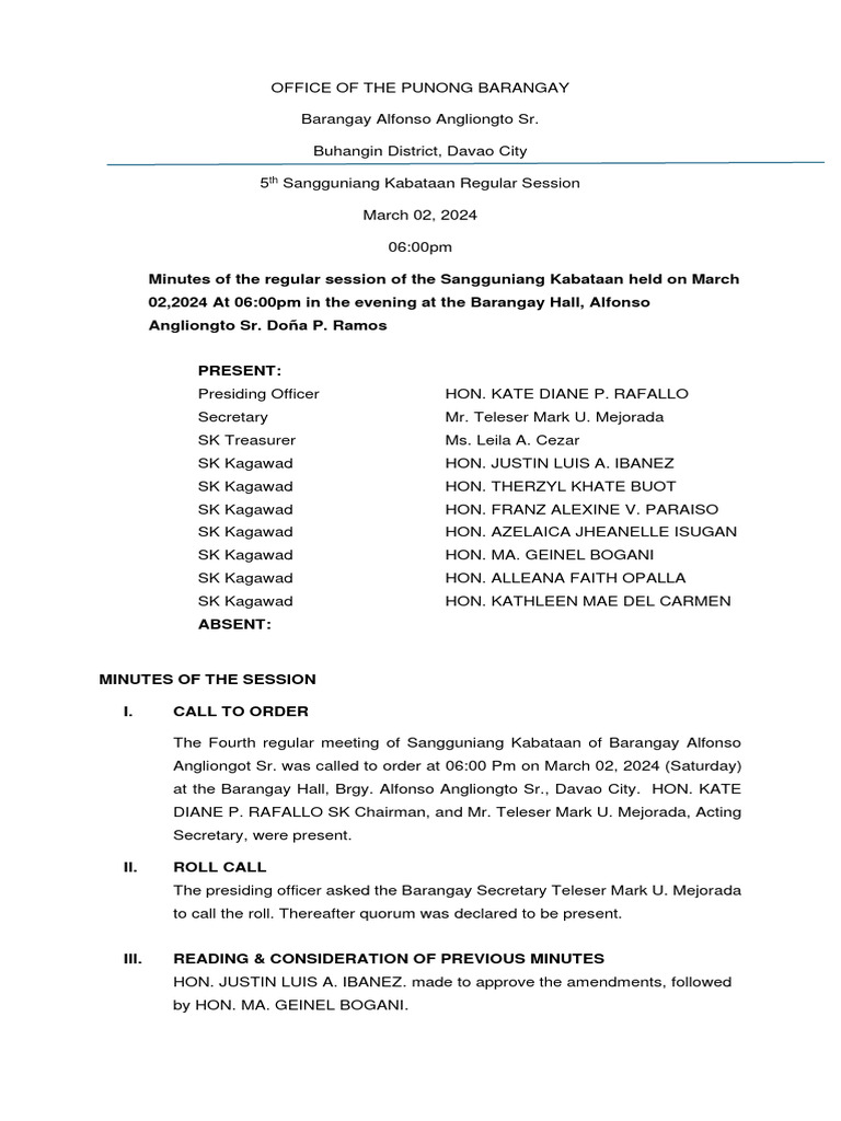 5th Sangguniang Kabataan Regular Session March 02 2024 | PDF | Foreign ...