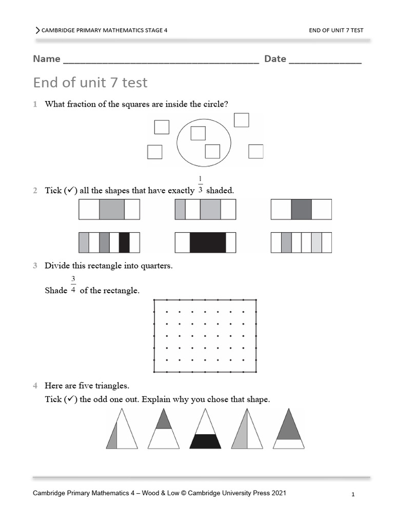 Prim Maths 4 2ed TR Unit 7 Test | PDF