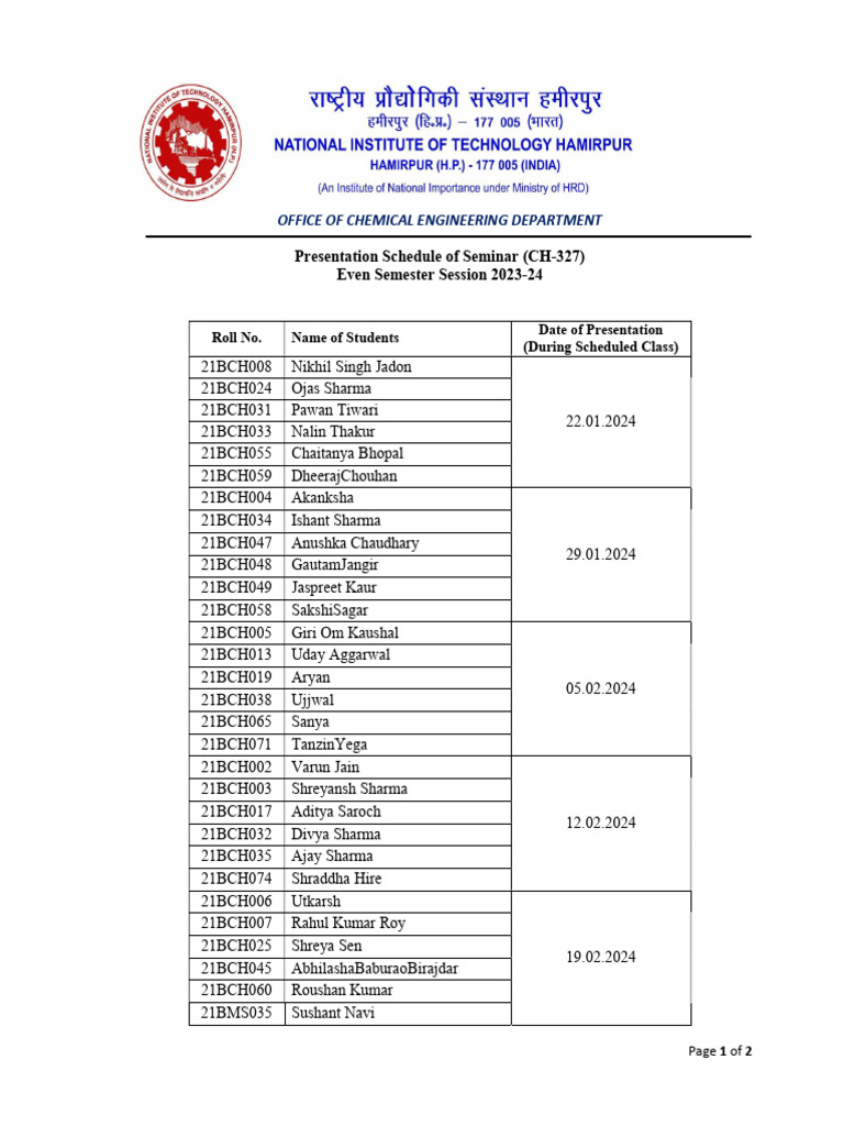 Prsentation Schedule (CH-327) | PDF