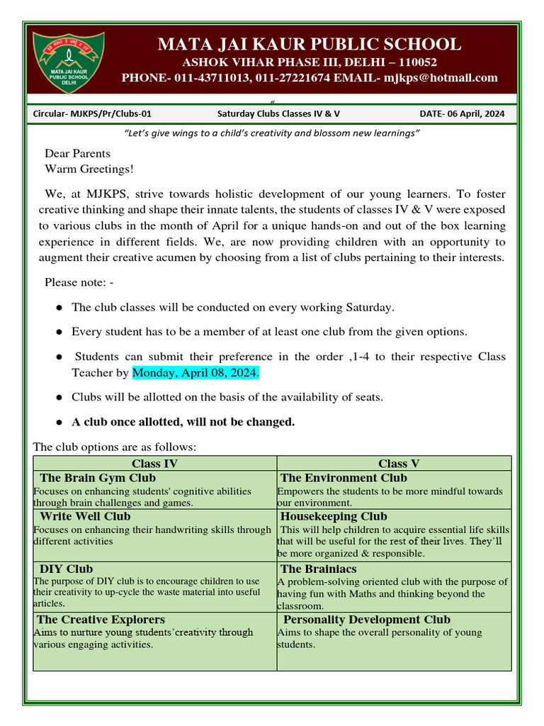 Saturday Clubs Circular Classes IV & V | PDF | Learning | Creativity