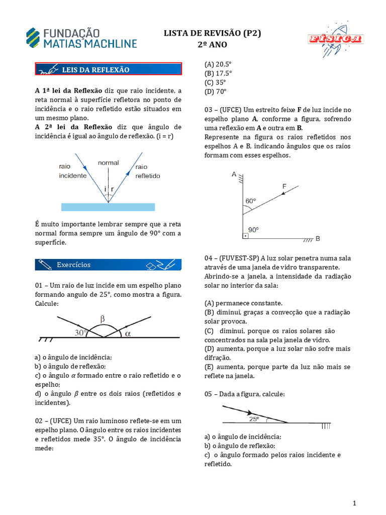 Lista de Revis-O - Reflex-O Da Luz e Espelhos Planos | PDF | Reflexão (Física) | Espelho