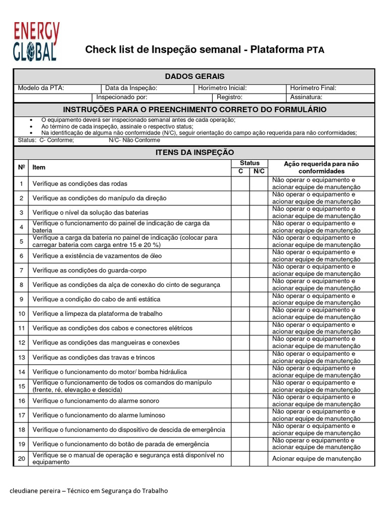 check-list-para-plataforma-elevatoria-nr-18 | PDF