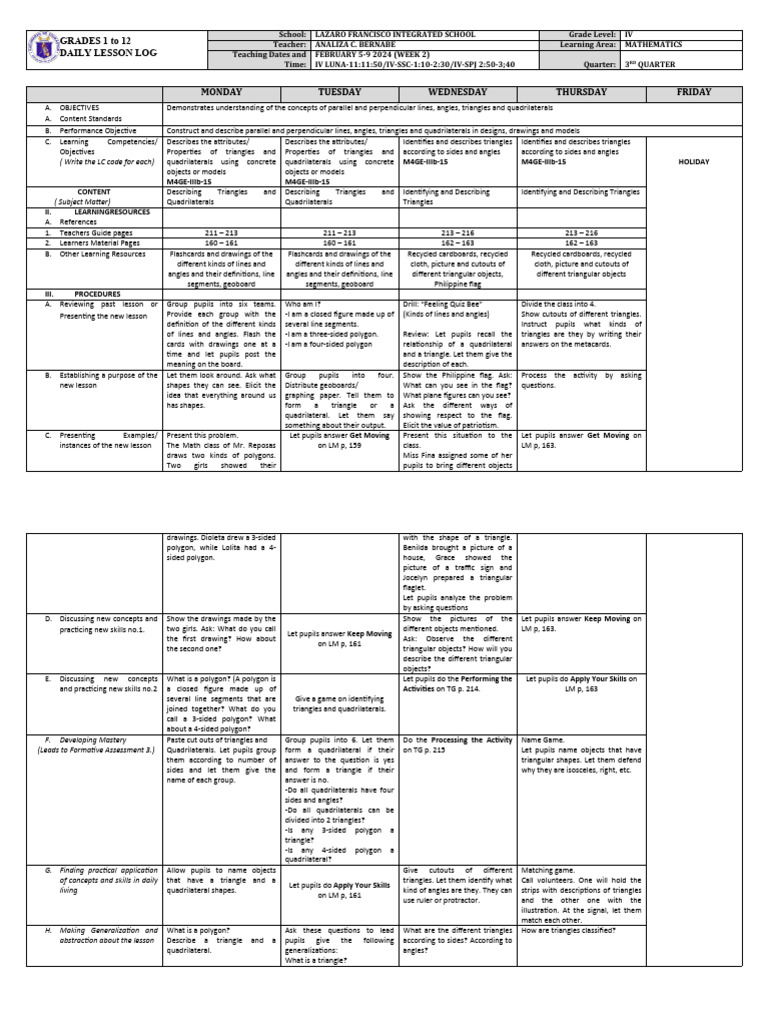 DLL - Mathematics 4 - Q3 - W2 | Download Free PDF | Triangle | Shape