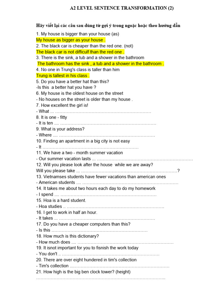A2 Sentence Transformation Exercises | PDF
