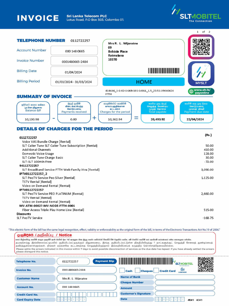 SLT Bill Summary and Charges Breakdown | PDF | Computer Networking ...