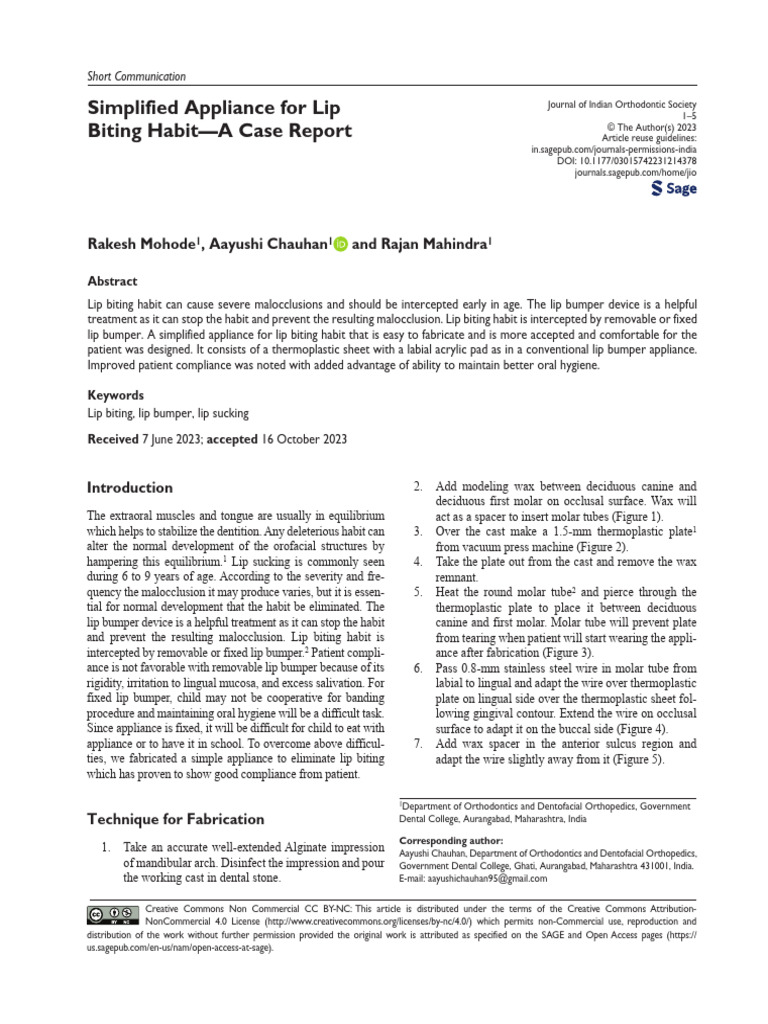 Mohode Et Al 2023 Simplified Appliance For Lip Biting Habit A Case ...