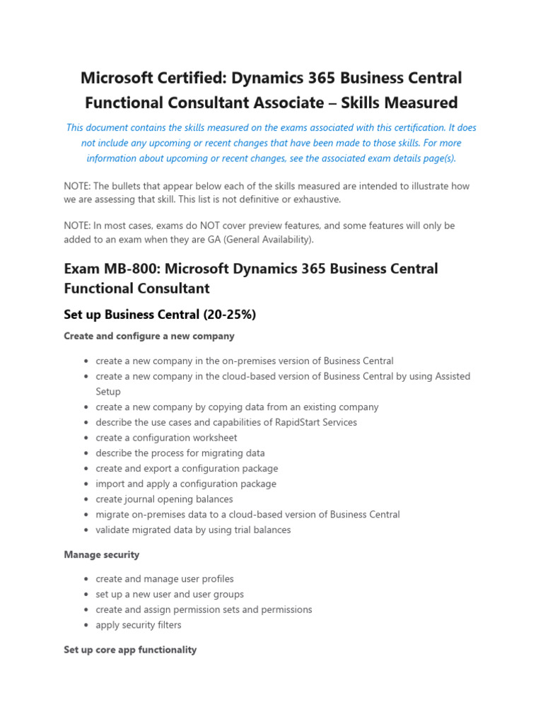 Microsoft Dynamics 365 Business Central Functional Consultant Associate Skills Measured | PDF ...