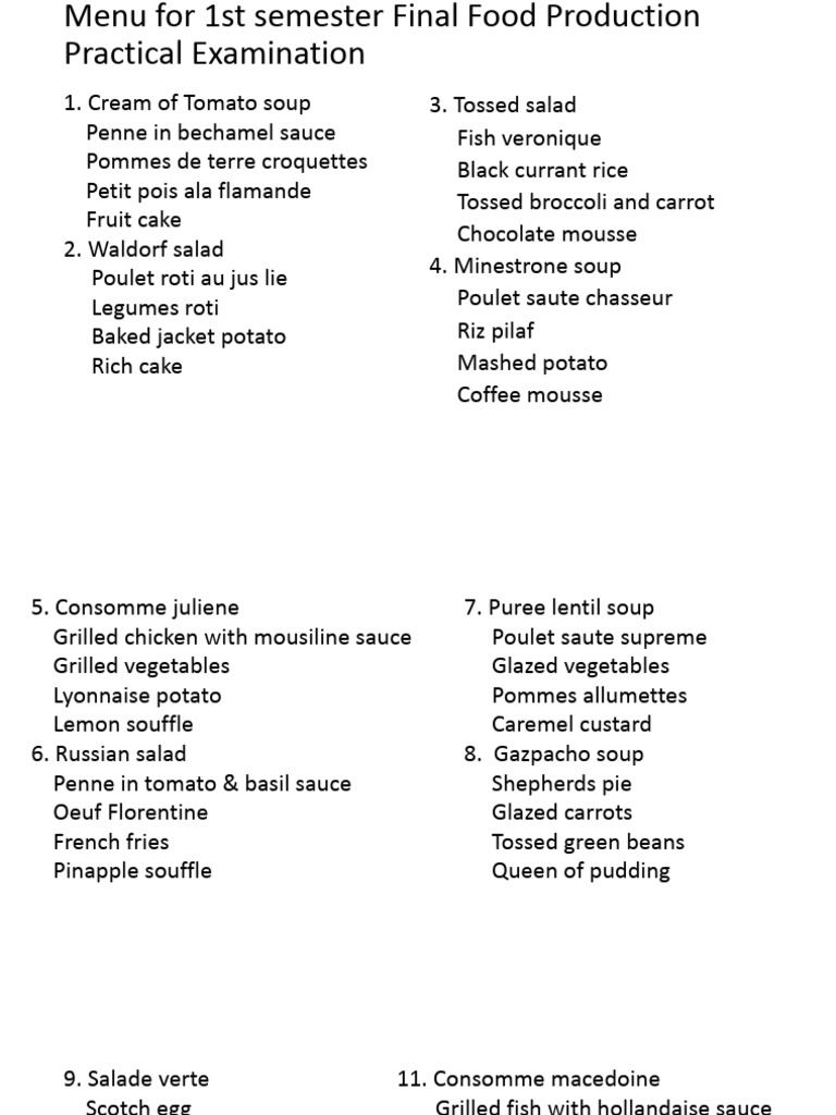 Menu For 1st Semester Final Food Production Practical Examination | PDF