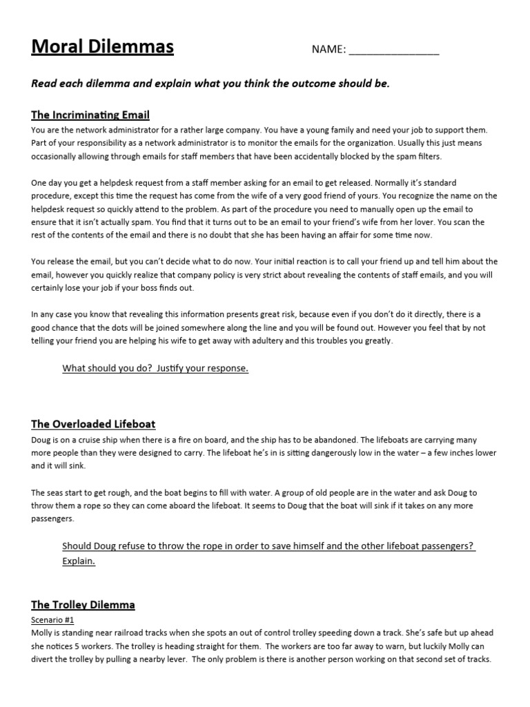 Moral Dilemma Scenarios - Kohlberg | PDF | Morality | Punishments