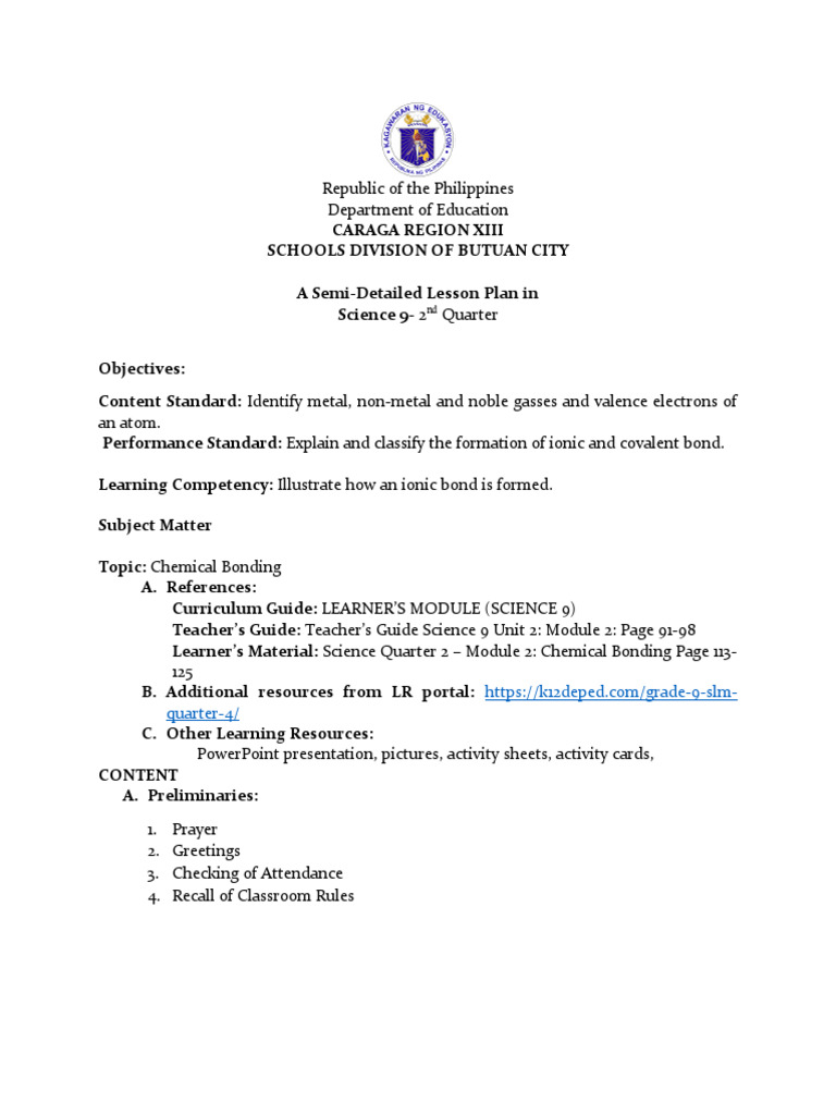 Semi Detailed Lesson Plan Pdf Chemical Bond Ionic Bonding 5388