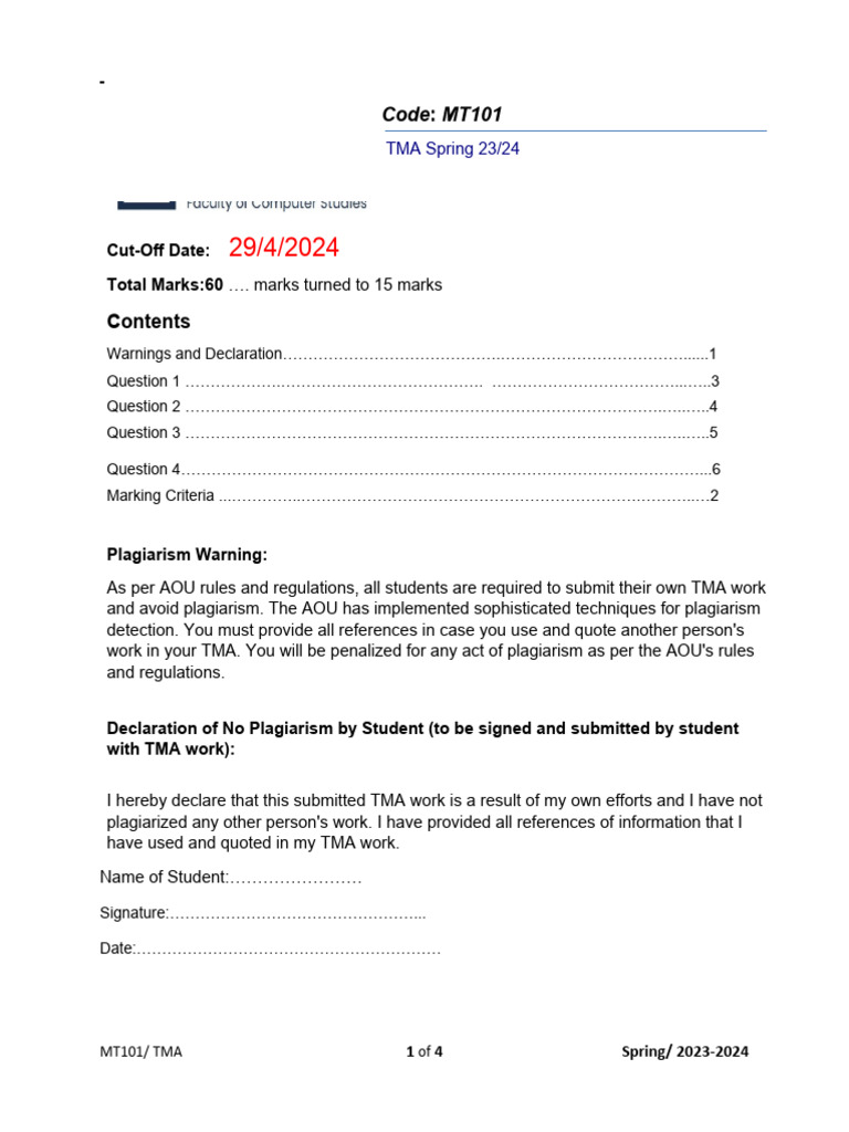 MT101-TMA-Spring 2023-2024 | PDF | Mathematics | Algebra