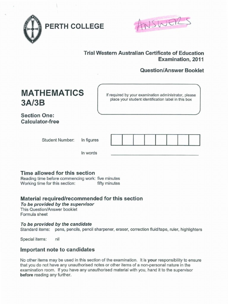 2011 Trial Wace Exam Solutions | PDF | Trigonometric Functions | Test ...