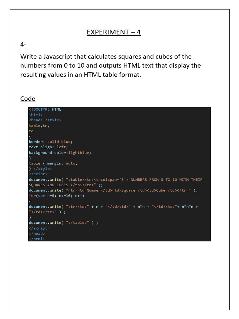 Javascript Squares and Cubes Table | PDF