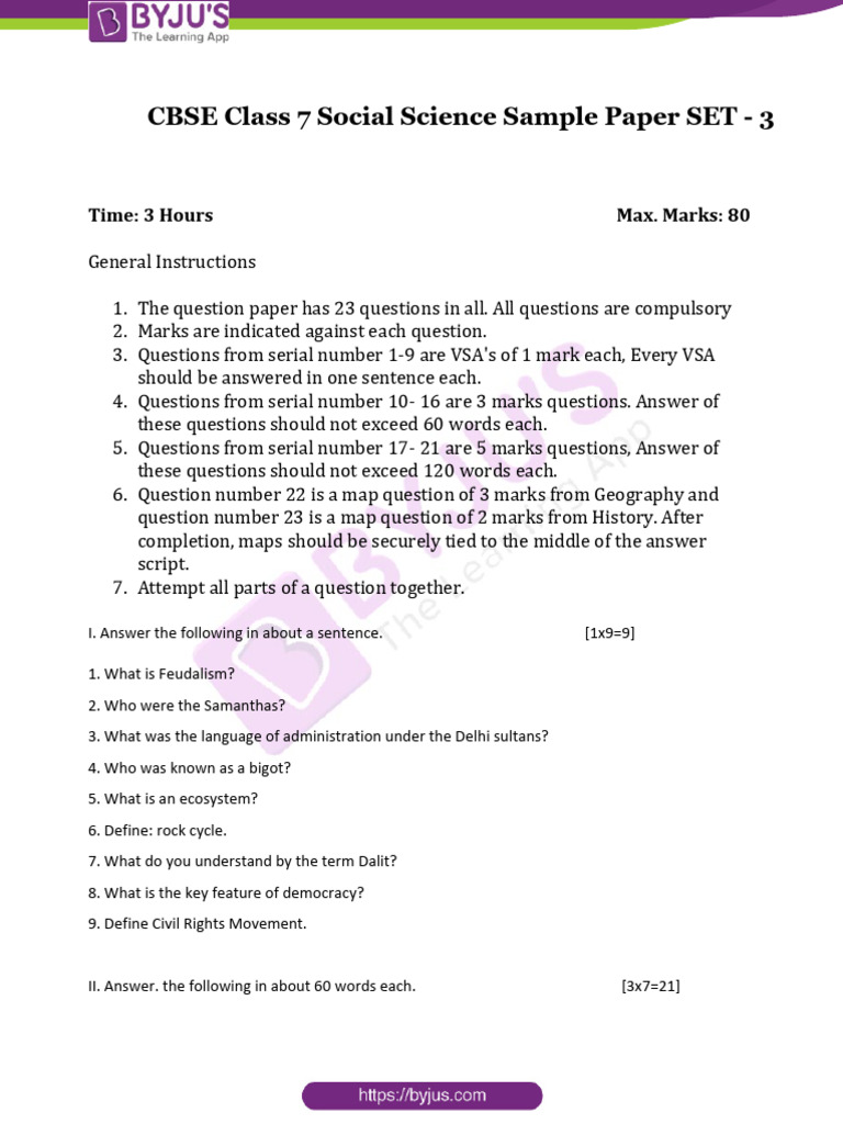 CBSE Class 7 Social Science Sample Paper SET 3 | PDF | Earth Sciences