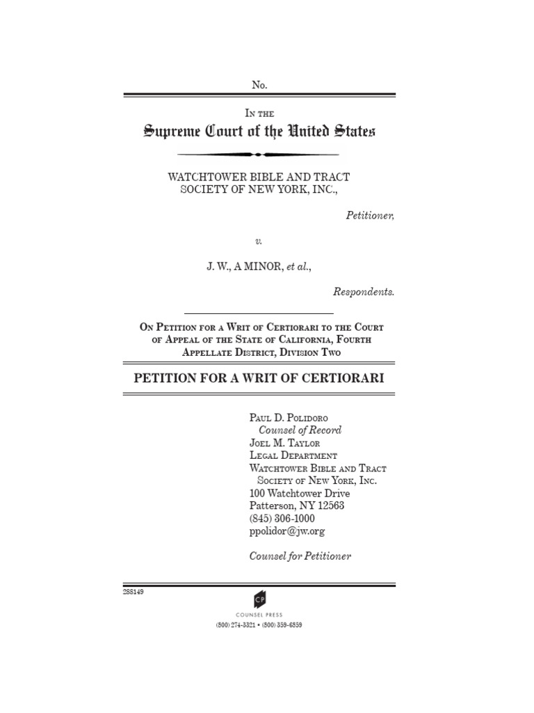 Watchtower Cert Petition | PDF | First Amendment To The United States ...