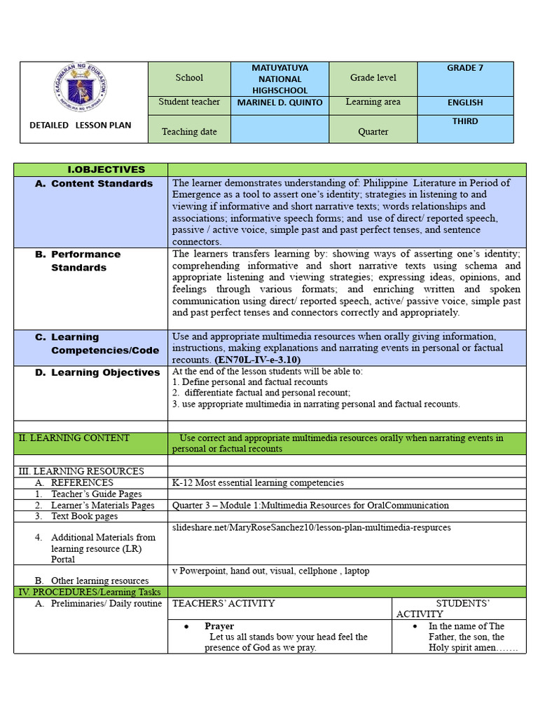 Grade 7 English Multimedia Lesson Plan | PDF | Multimedia | Learning