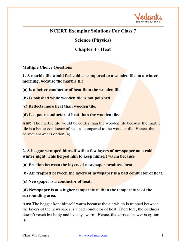 NCERT Exemplar Class 7 Science Solutions Chapter 4 Heat | PDF ...