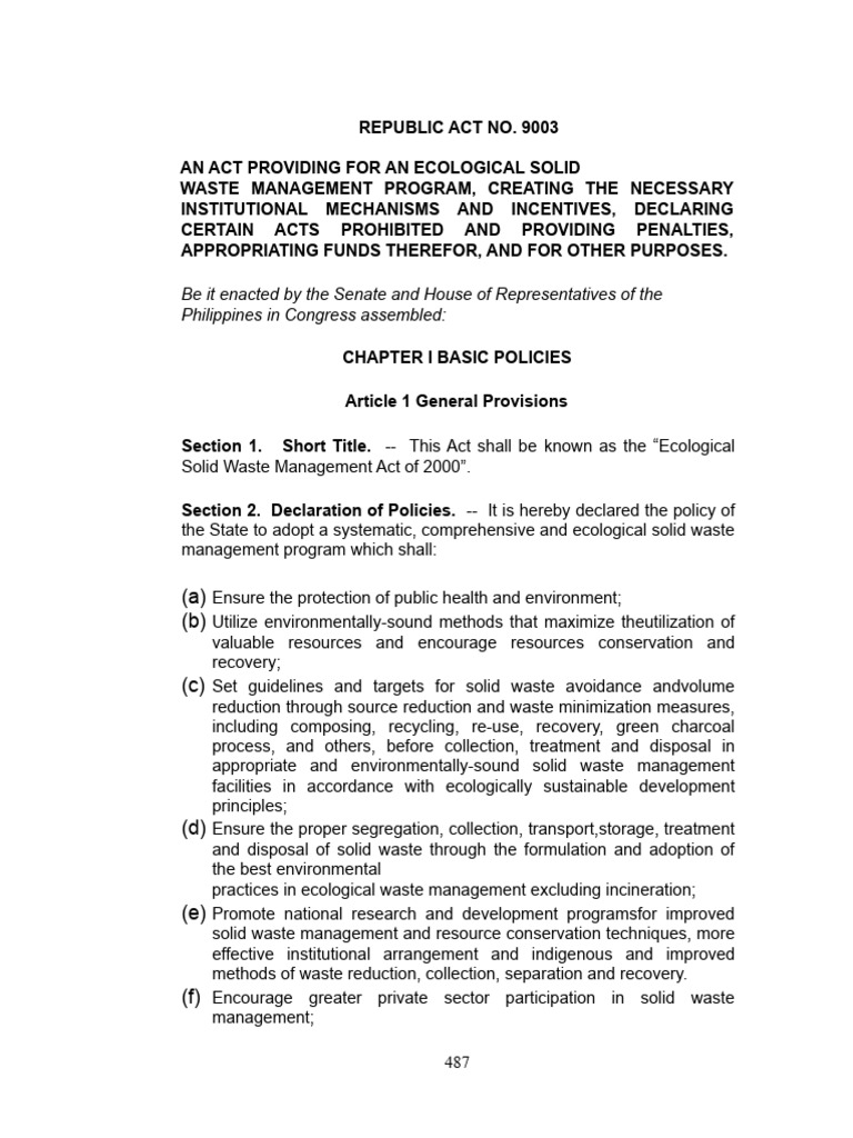 RA 9003 Ecological Solid Waste Management Act of 2000 | PDF | Waste ...