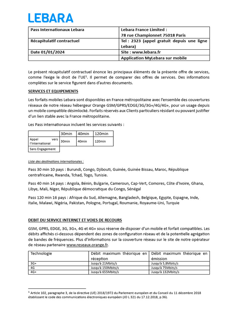 Pass Internationaux Lebara 2024 | PDF | GSM | LTE Advanced