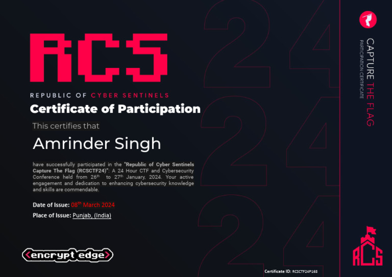 (Encrypt Edge) Certificate of Participation - Amrinder Singh | PDF | Computers