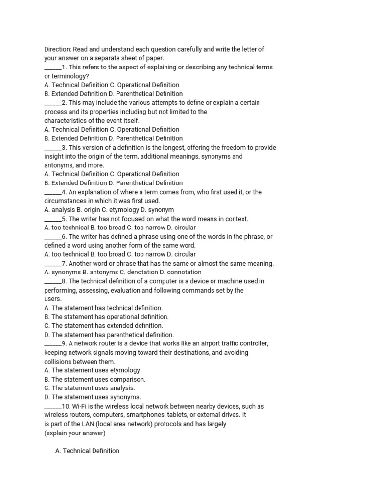 Direction - Read and Understand Each Question Carefully and Write The ... Direction - Read and Understand Each Question Carefully and Write The ...