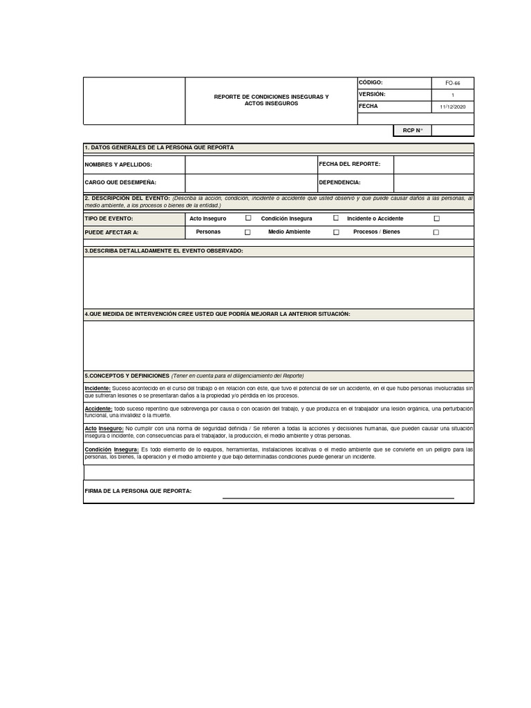 FO-66 reporte de condiciones inseguras y actos inseguros | PDF ...